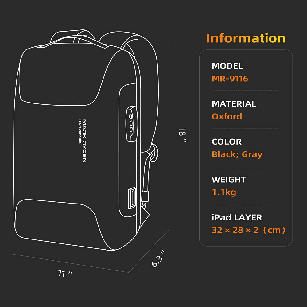 Anti-Theft Backpack,MARK RYDEN Business Waterproof Backpack For Men College Travel Flight with USB Port Charging ＆TSA Lock Fits For 15.6 Inch Laptop,Black