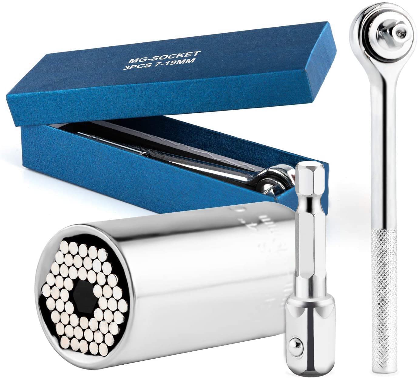 Universal Socket Gifts for Men, Owlbbabies 3Pcs Multi-function Universal Socket Wrench Set with Bushing Ratchet Wrench, Power Drill Adapter(7-19mm), Gadgets Gifts for Men/Dad/Husband/DIY Handyman