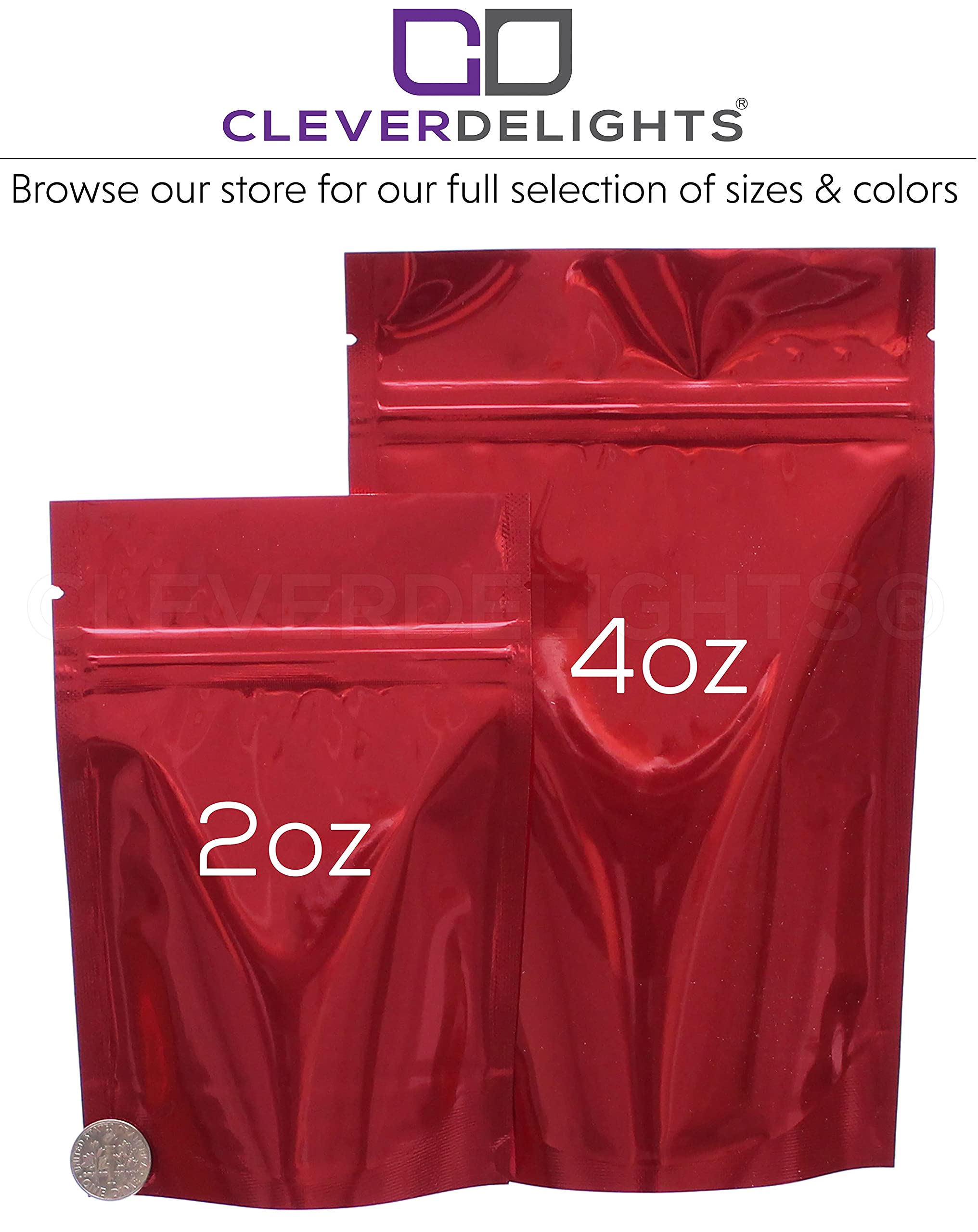 CleverDelights Glossy Red Stand Up Pouches - 100 Pack - 4" x 6" x 2" (2oz) - Resealable Pouch Bag