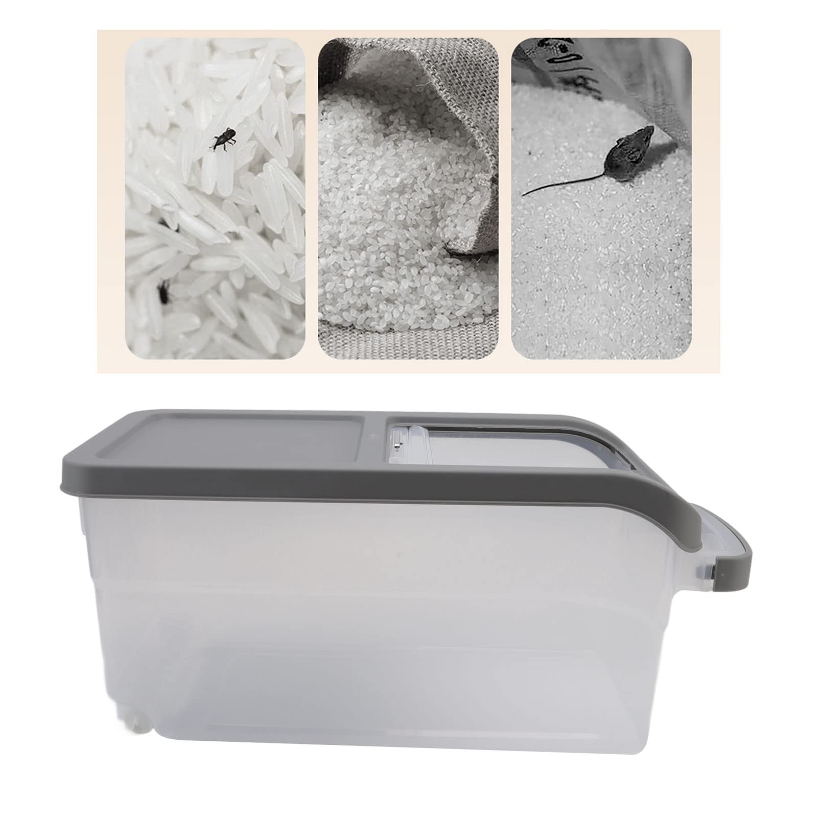 Rice Storage Container, Rice Container, 10kg/22 pounds 15.2 x 7.2 x 8.3in Transparent Rice Bin Cereal Dispenser Airtight Grain Holder with Measuring Cup and Wheels for Organization (Grey)