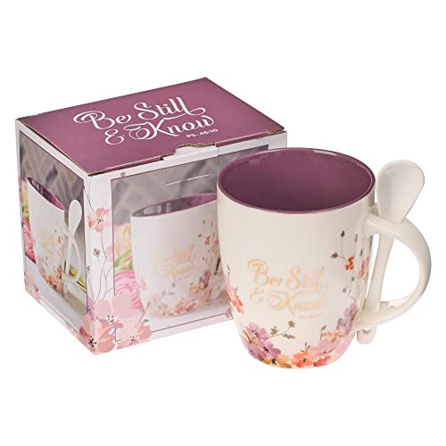 Christian Art Gifts Coffee and Tea Scripture Mug with Ceramic Spoon Set for Women: Be Still and Know - Psalm 46:10 Inspirational Bible Verse Message Hot & Cold Beverage, Purple/White Floral, 12 oz.