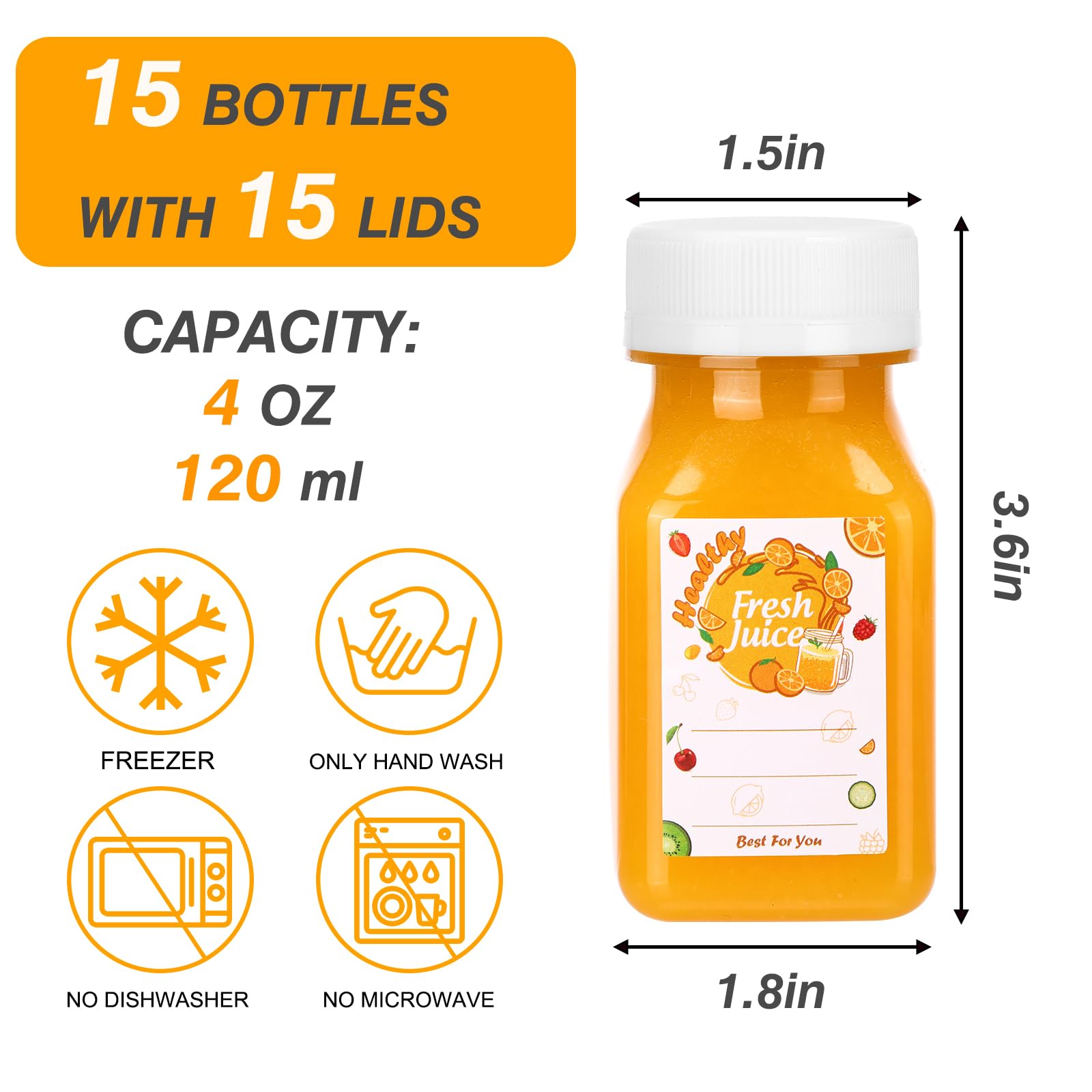 Moretoes 4oz Shot Bottles with Caps, 15pcs Plastic Juice Bottles, Beverage Containers Bulk with Lids for Juicing, Smoothies, Drinking, Fridge