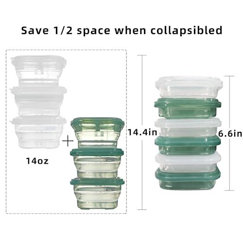 KVK Silicone Collapsible Food Storage Containers with Silicone Airtight Lids BPA Free - Stacking Small Storage Containers for Snacks Fruits Microwave Freezer Safe - 14oz 6pcs Clear&Pastel Green