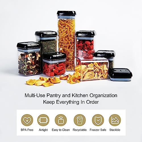 OMNISAFE Airtight Food Storage Container Set, 7Pcs Kitchen Organization Containers, BPA Free Clear Plastic Canisters for Cereal, Sugar & Dry Food with Easy Lock Lid, Include 9 Labels, Square Black