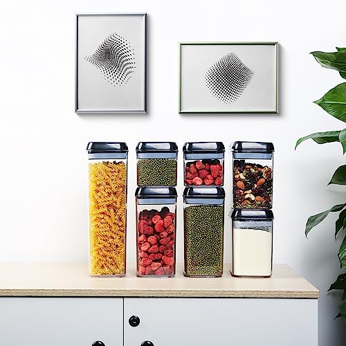 OMNISAFE Airtight Food Storage Container Set, 7Pcs Kitchen Organization Containers, BPA Free Clear Plastic Canisters for Cereal, Sugar & Dry Food with Easy Lock Lid, Include 9 Labels, Square Black