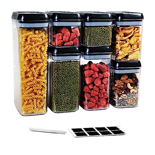 OMNISAFE Airtight Food Storage Container Set, 7Pcs Kitchen Organization Containers, BPA Free Clear Plastic Canisters for Cereal, Sugar & Dry Food with Easy Lock Lid, Include 9 Labels, Square Black