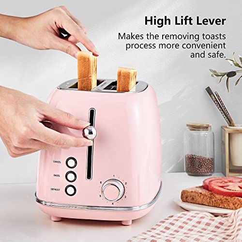 REDMOND 2 Slice Toaster Retro Stainless Steel Toaster with Bagel, Cancel, Defrost Function and 6 Bread Shade Settings Bread Toaster, Extra Wide Slot and Removable Crumb Tray, Pink, ST028
