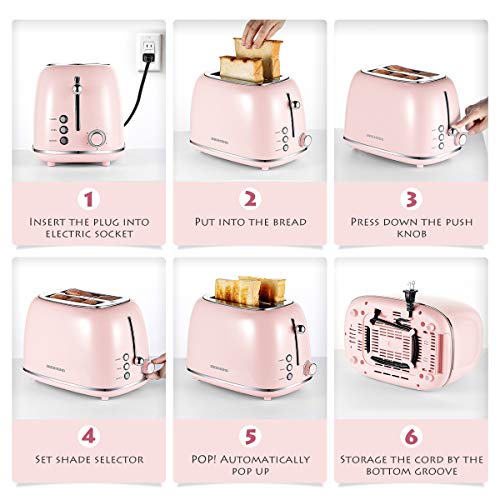 REDMOND 2 Slice Toaster Retro Stainless Steel Toaster with Bagel, Cancel, Defrost Function and 6 Bread Shade Settings Bread Toaster, Extra Wide Slot and Removable Crumb Tray, Pink, ST028