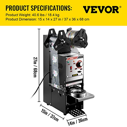 VEVOR Semi-automatic Cup Sealing Machine, 300-500 Cup/h Tea Cup Sealer Machine Black Boba Cup Sealer Machine, 90/95mm Cup Diameter Boba Cup Sealing Machine with Control Panel for Bubble Milk Tea
