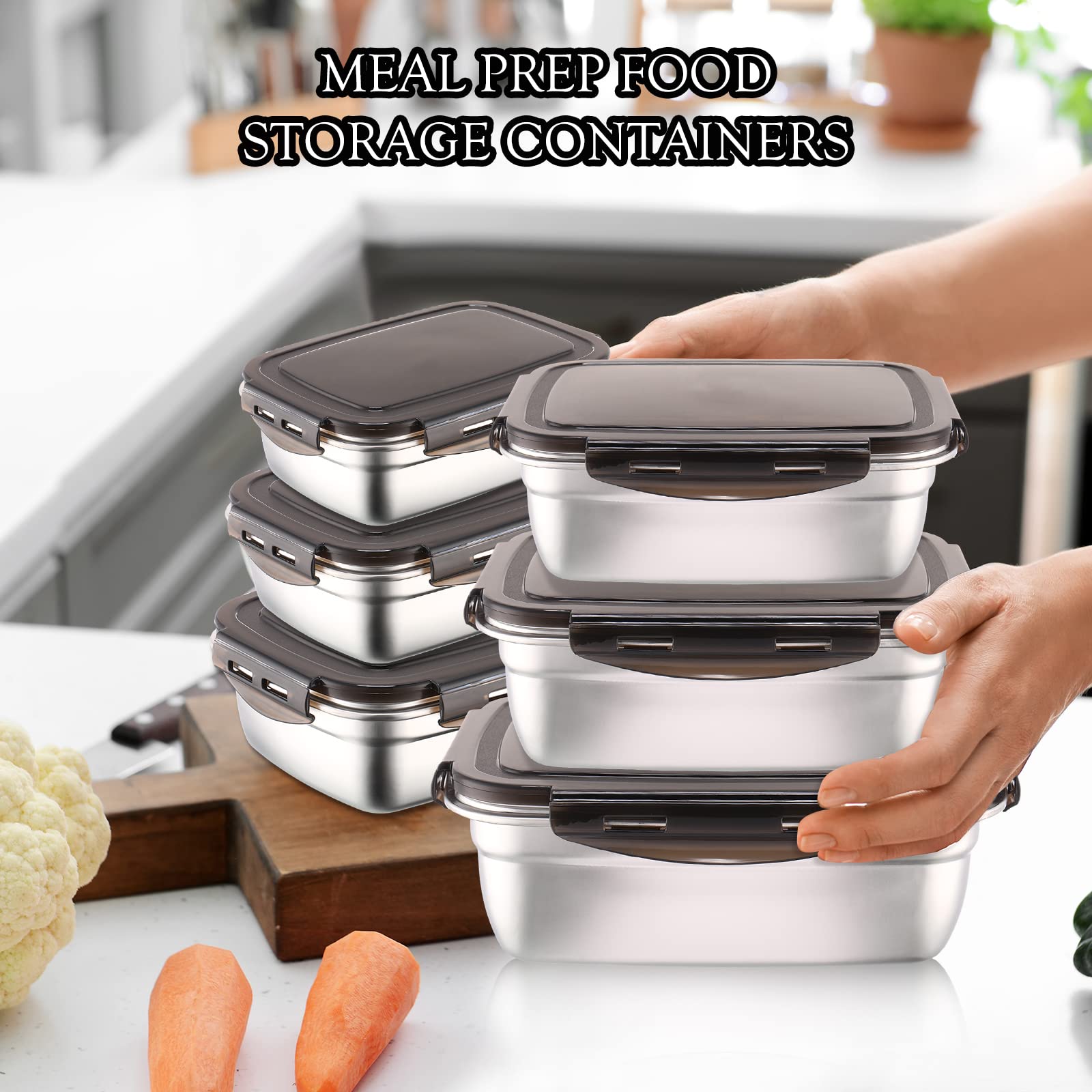 Nuanchu 6 Packs Stainless Steel Food Storage Containers Airtight Metal Food Containers Meal Prep Container Leak Proof Stackable Bento Lunch Box with Lids for Kitchen Travel Picnic and Camping(Black)