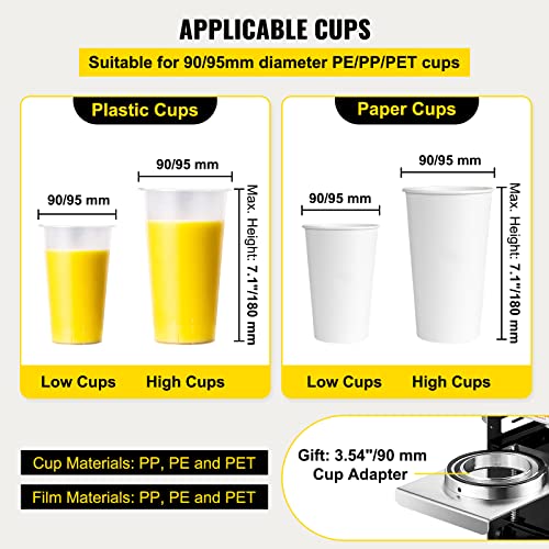 VEVOR Semi-automatic Cup Sealing Machine, 300-500 Cup/h Tea Cup Sealer Machine Black Boba Cup Sealer Machine, 90/95mm Cup Diameter Boba Cup Sealing Machine with Control Panel for Bubble Milk Tea