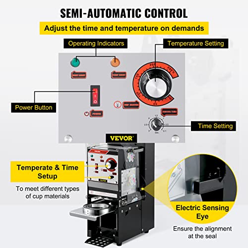 VEVOR Semi-automatic Cup Sealing Machine, 300-500 Cup/h Tea Cup Sealer Machine Black Boba Cup Sealer Machine, 90/95mm Cup Diameter Boba Cup Sealing Machine with Control Panel for Bubble Milk Tea