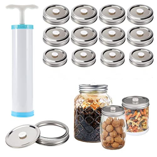 Jar Sealer for Mason Jars, 13 PCS Mason Jar Vacuum Sealer Kit with a Manual Portable Vacuum Hand Pump for Wide-Mouth and Regular-Mouth Mason-Type Jars, Canning Jar Vacuum Sealer for Food Storage& Fermentation