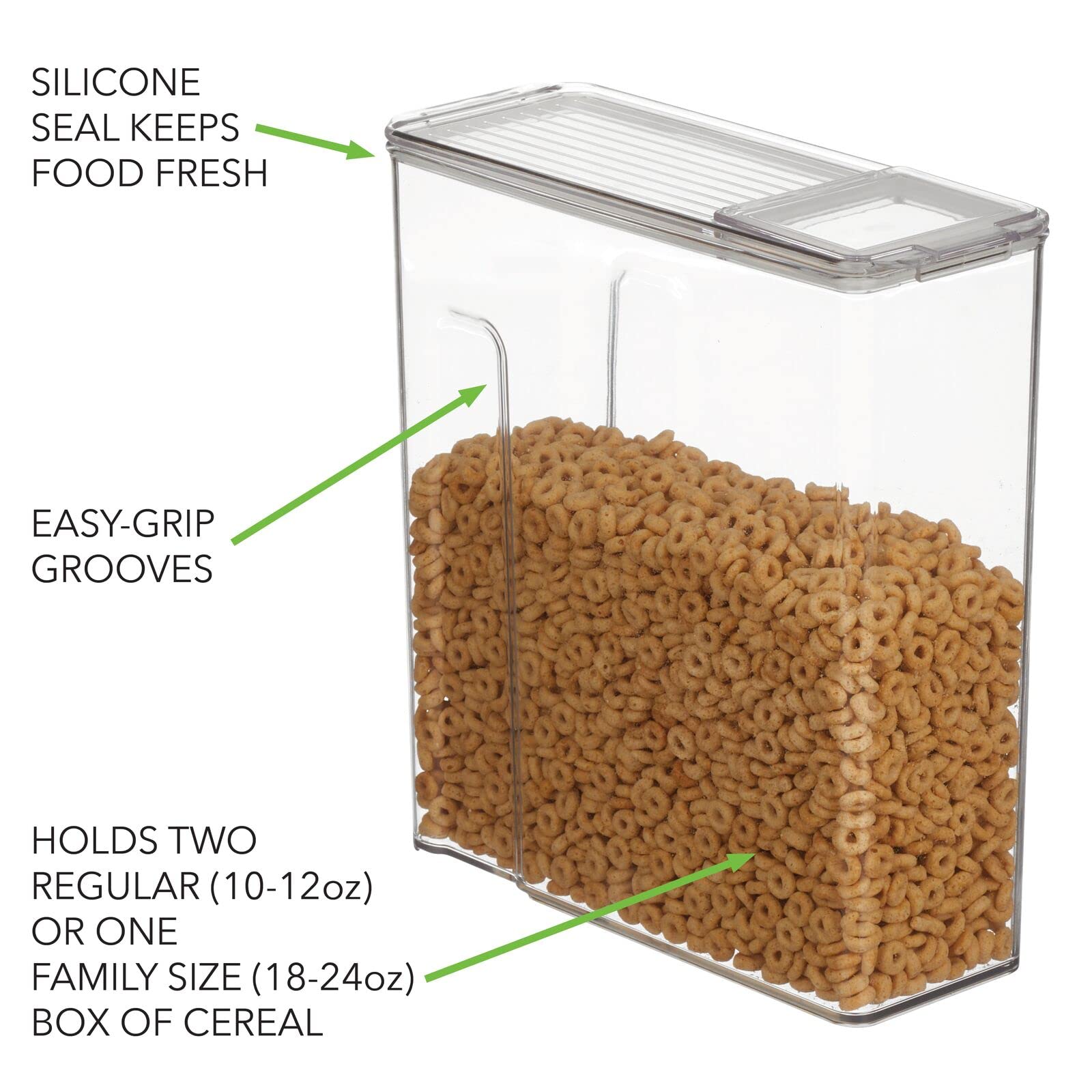 mDesign Airtight Plastic 4.8 Quart Food Storage Container with Lid for Kitchen, Pantry; Dispenser for Cereal, Holds 2 Regular Boxes or 1 Family Size Box; Pasta, Snacks; Ligne Collection, 4 Pack, Clear