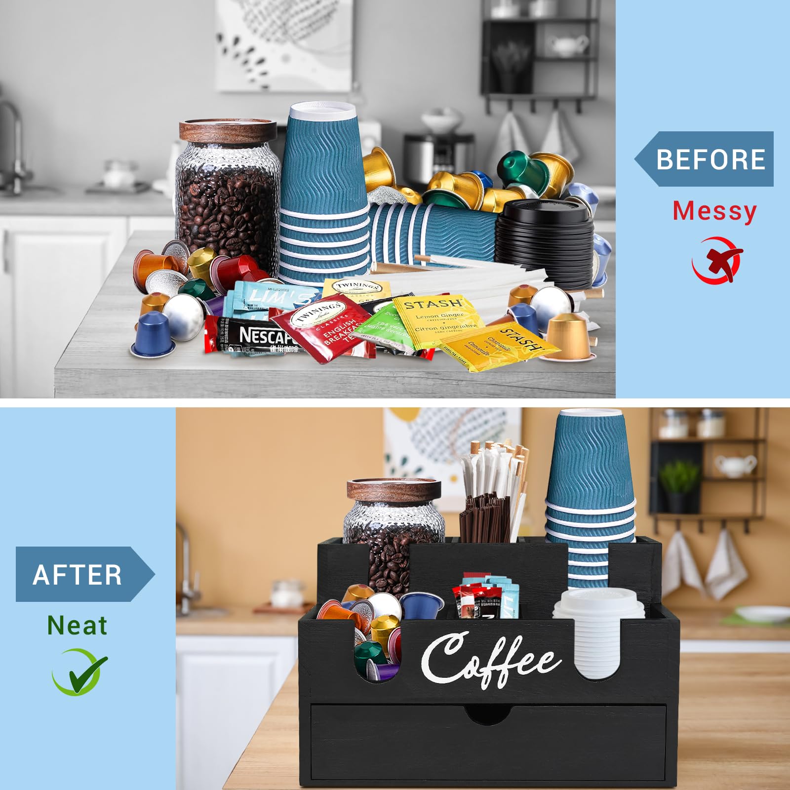 Disposable Coffee Cup Holder Dispenser with Drawer, 6 Compartments Coffee Bar Accessories Organizer for Cup Lid Sleeve Pods Syrup, Wood Coffee Station Organizer Paper Cup Dispenser