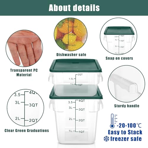 Kigley 4 Pcs Food Storage Containers with Lids Set 2 Qt 4 Qt 6 Qt 7.5 Qt Clear Square Commercial Food Storage Container with Scale Handle for Home Restaurant Kitchen Food Prep(Green)
