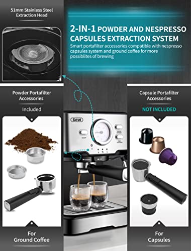Gevi Espresso Machine 15 Bar Pump Pressure, Cappuccino Coffee Maker with Milk Foaming Steam Wand for Latte, Mocha, Cappuccino, 1.5L Water Tank, 1100W, Black1