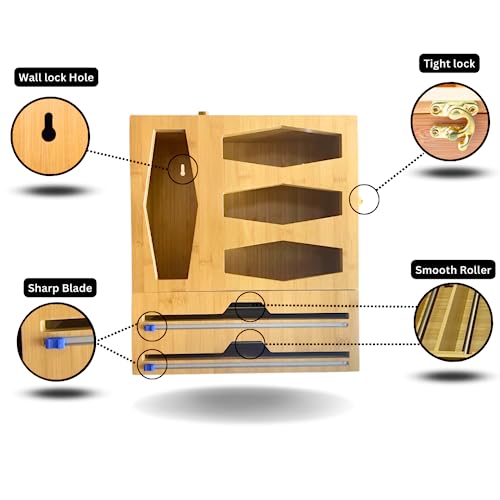 6 in1 Bamboo Ziplock Bag Organizer with Plastic Wrap Dispenser & Cutter β Compact drawer organizer for ziplock bags and foil β Ziplock Bag Storage Organizer for Gallon Quart Sandwich & Snack Bags (1)
