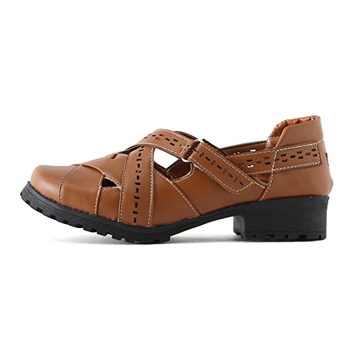 Leisure Women's Four Seasons Solid Color Non Slip Square Heels Round Toe Breathable Hook Loop Sandals Shoes Formal Tennis Shoes Women Brown