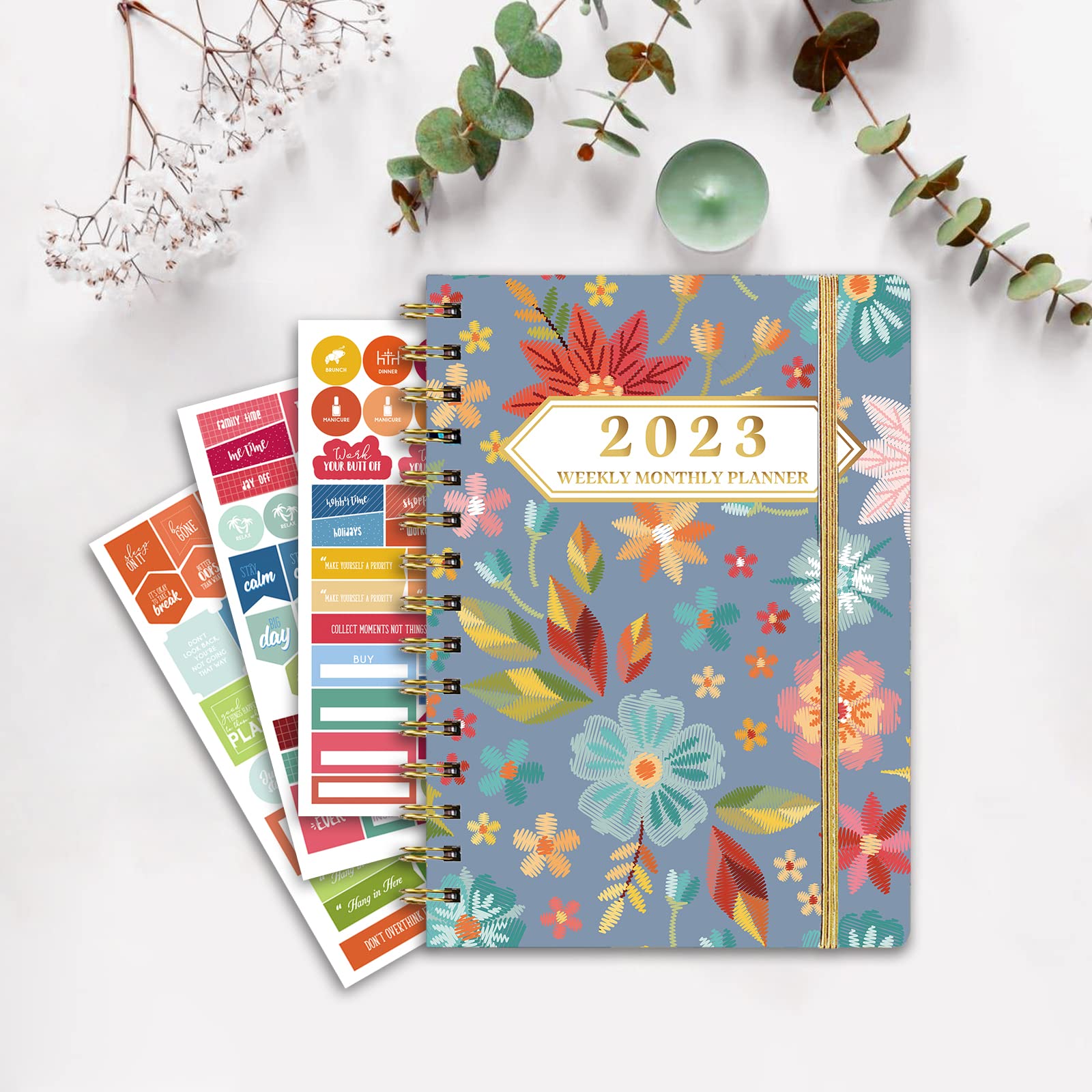 Ymumuda 2023 Planner, Weekly Monthly Planner 2023, 12-Month School Planner from JAN.2023 to DEC.2023, 8.4" X 6", Spiral Planner Notebook with Stickers, Elastic Closure, Inner Pocket, Coated Tabs, Grey Embroidery Floral