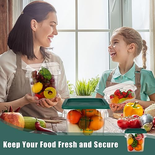Kigley 4 Pcs Food Storage Containers with Lids Set 2 Qt 4 Qt 6 Qt 7.5 Qt Clear Square Commercial Food Storage Container with Scale Handle for Home Restaurant Kitchen Food Prep(Green)