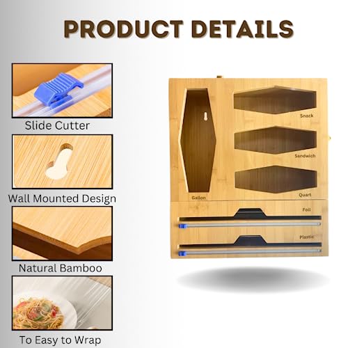 6 in1 Bamboo Ziplock Bag Organizer with Plastic Wrap Dispenser & Cutter β Compact drawer organizer for ziplock bags and foil β Ziplock Bag Storage Organizer for Gallon Quart Sandwich & Snack Bags (1)
