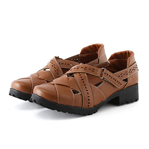 Leisure Women's Four Seasons Solid Color Non Slip Square Heels Round Toe Breathable Hook Loop Sandals Shoes Formal Tennis Shoes Women Brown