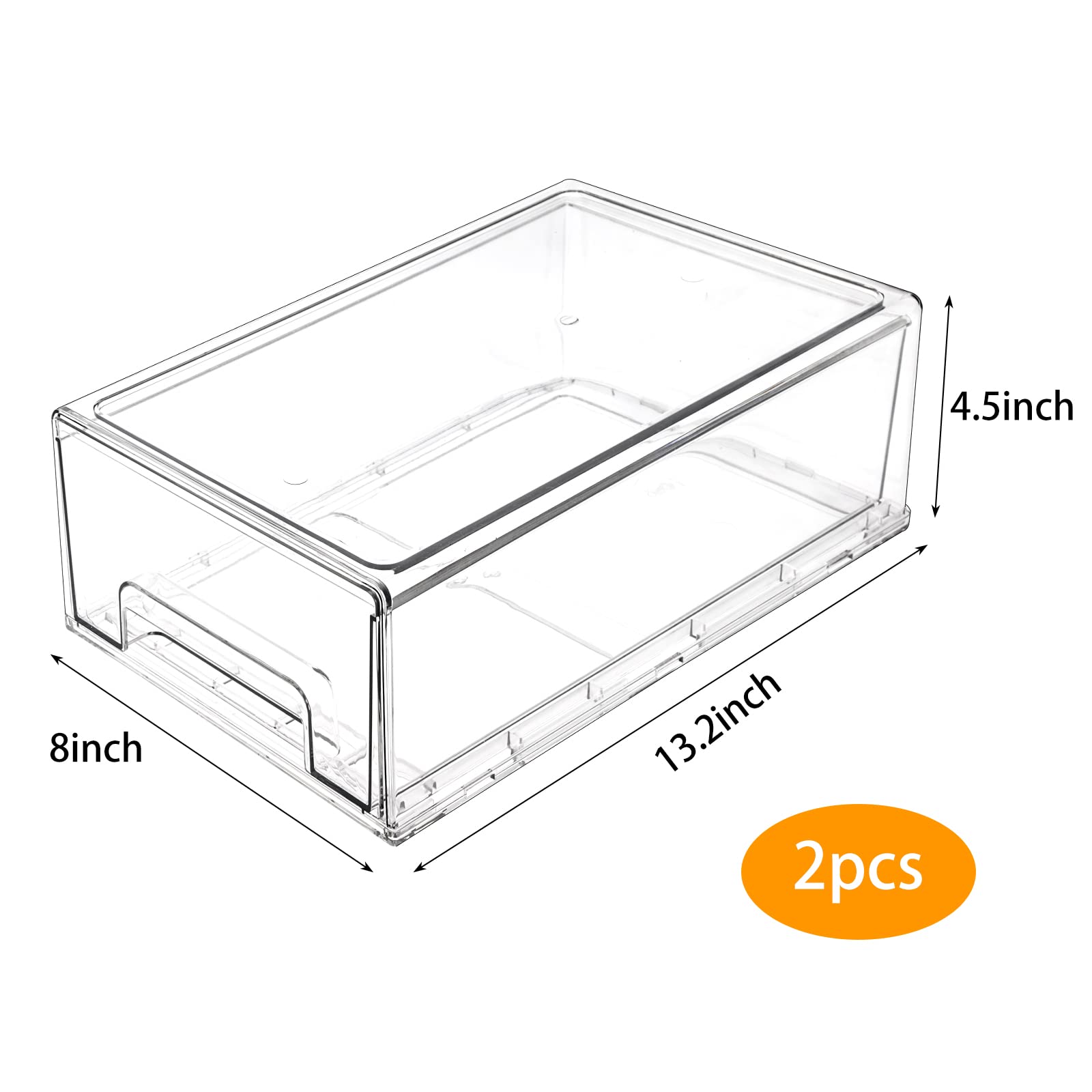Moretoes 2 Pack Fridge Organizer Bins, Fridge Drawer Organizer Stackable Pull Out Storage Bins for Storage Clear for Food, Drinks, Vegetable Storage, Medium