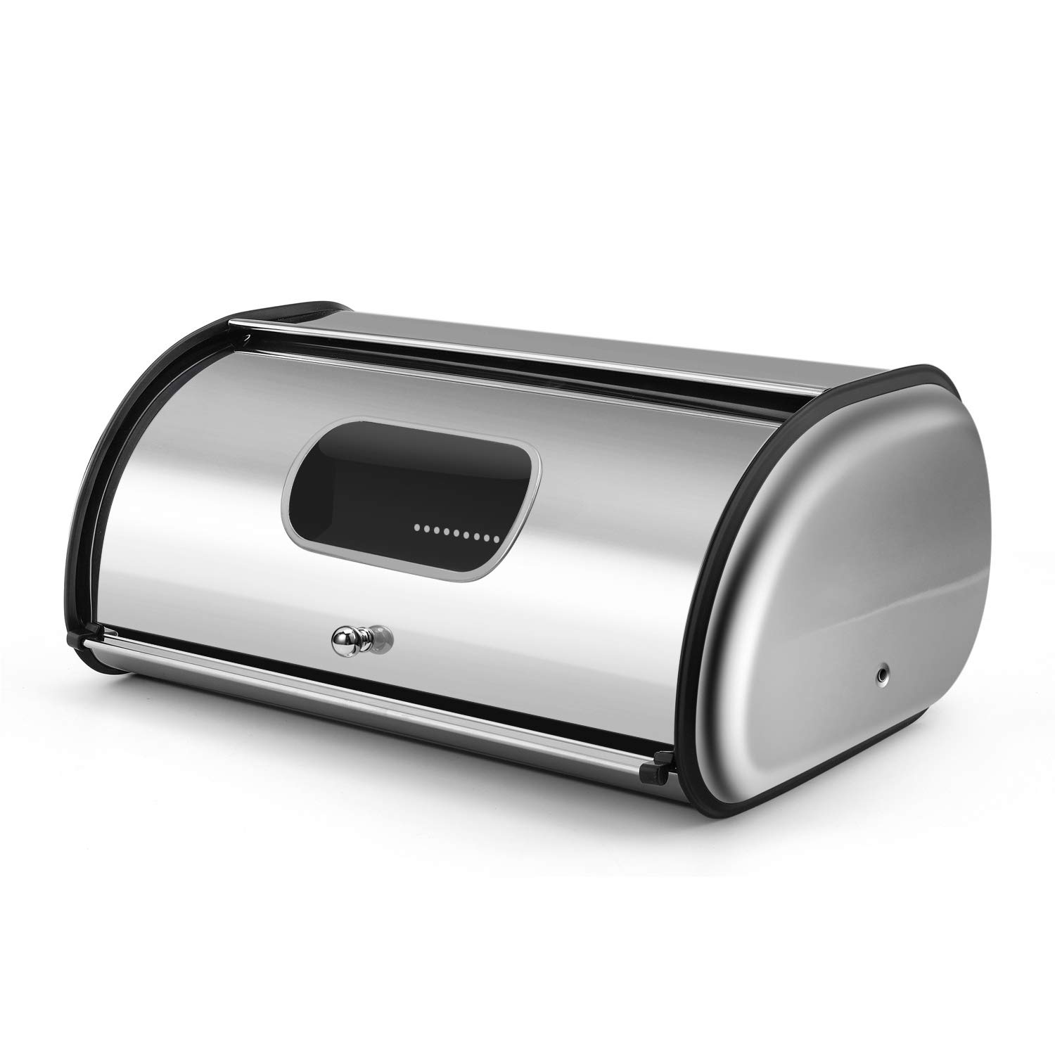 Flexzion Stainless Steel Bread Box for Kitchen Countertop (13 inch) Metal Bread Storage with Roll Up Lid & Front Window for Restaurant & Homemade Cakes, Buns, Pastries, Pancakes, Cookies