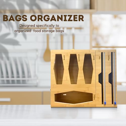 6 in1 Bamboo Ziplock Bag Organizer with Plastic Wrap Dispenser & Cutter β Compact drawer organizer for ziplock bags and foil β Ziplock Bag Storage Organizer for Gallon Quart Sandwich & Snack Bags (1)