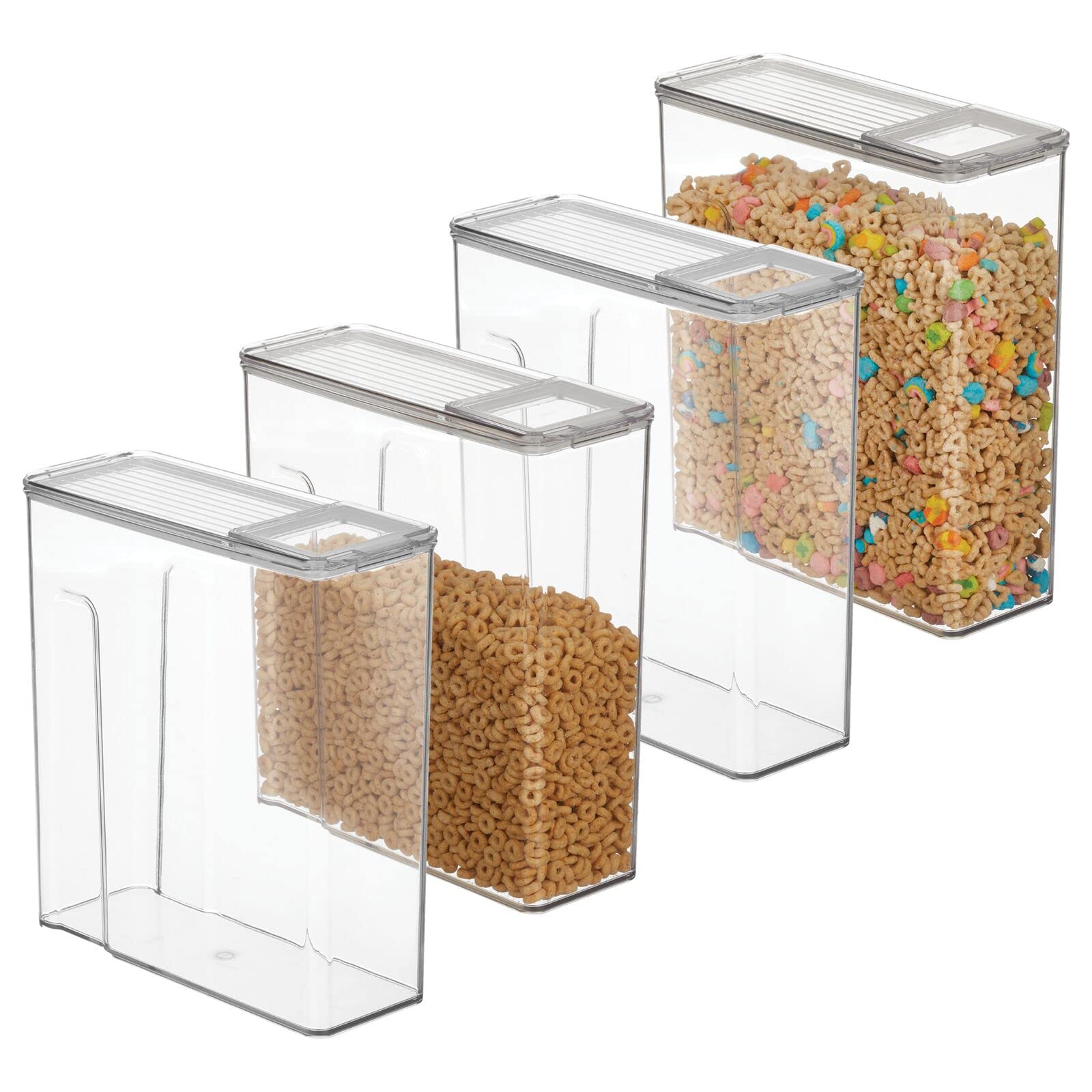 mDesign Airtight Plastic 4.8 Quart Food Storage Container with Lid for Kitchen, Pantry; Dispenser for Cereal, Holds 2 Regular Boxes or 1 Family Size Box; Pasta, Snacks; Ligne Collection, 4 Pack, Clear