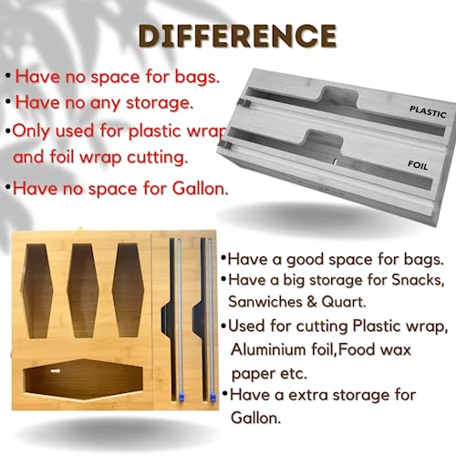 6 in1 Bamboo Ziplock Bag Organizer with Plastic Wrap Dispenser & Cutter β Compact drawer organizer for ziplock bags and foil β Ziplock Bag Storage Organizer for Gallon Quart Sandwich & Snack Bags (1)
