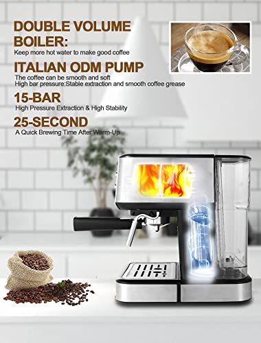 Gevi Espresso Machine 15 Bar Pump Pressure, Cappuccino Coffee Maker with Milk Foaming Steam Wand for Latte, Mocha, Cappuccino, 1.5L Water Tank, 1100W, Black1