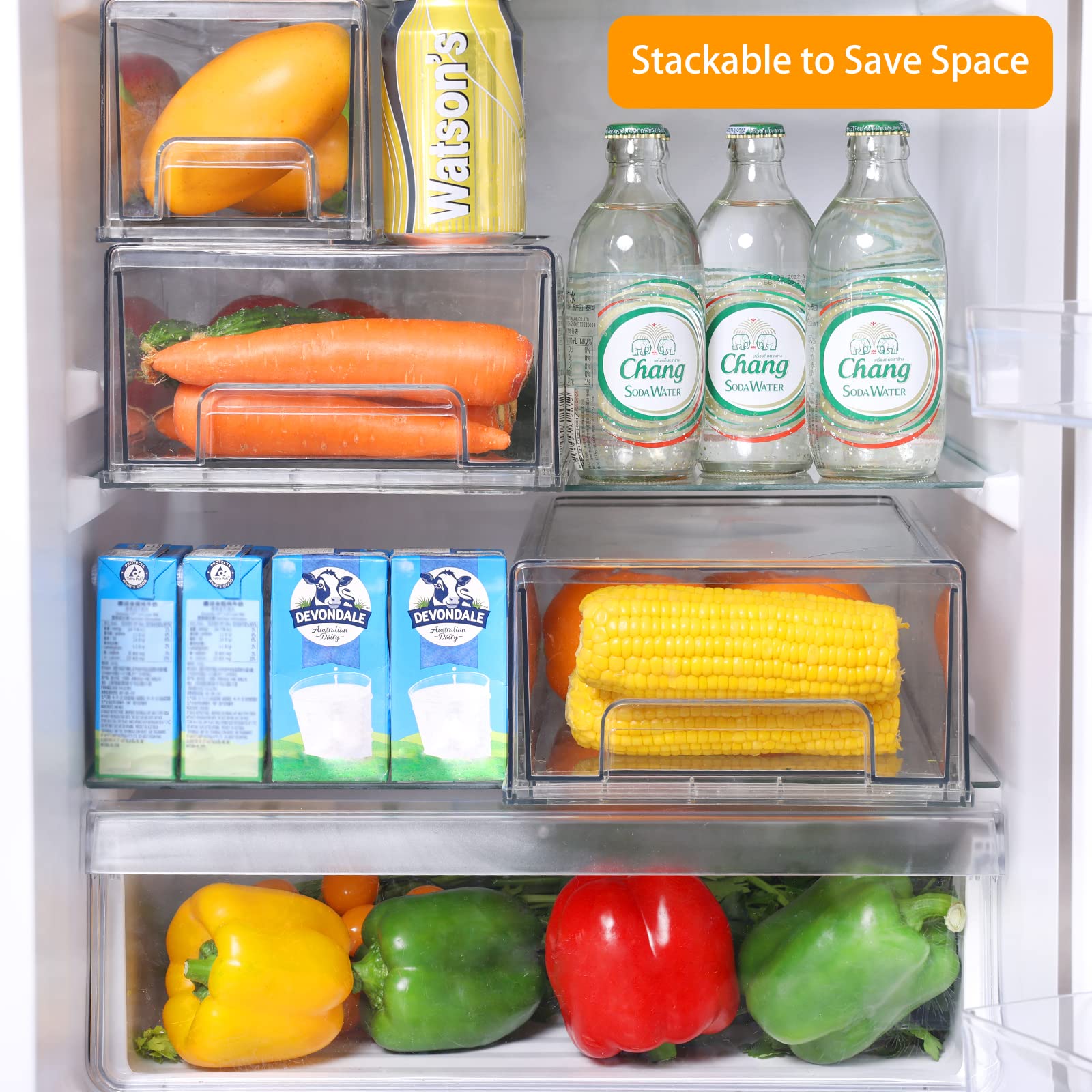 Moretoes 2 Pack Fridge Organizer Bins, Fridge Drawer Organizer Stackable Pull Out Storage Bins for Storage Clear for Food, Drinks, Vegetable Storage, Medium