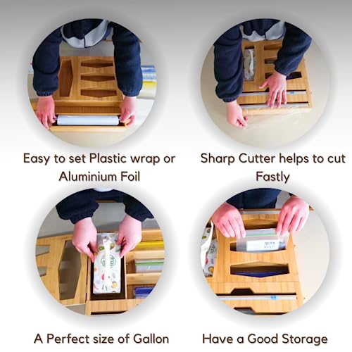 6 in1 Bamboo Ziplock Bag Organizer with Plastic Wrap Dispenser & Cutter β Compact drawer organizer for ziplock bags and foil β Ziplock Bag Storage Organizer for Gallon Quart Sandwich & Snack Bags (1)