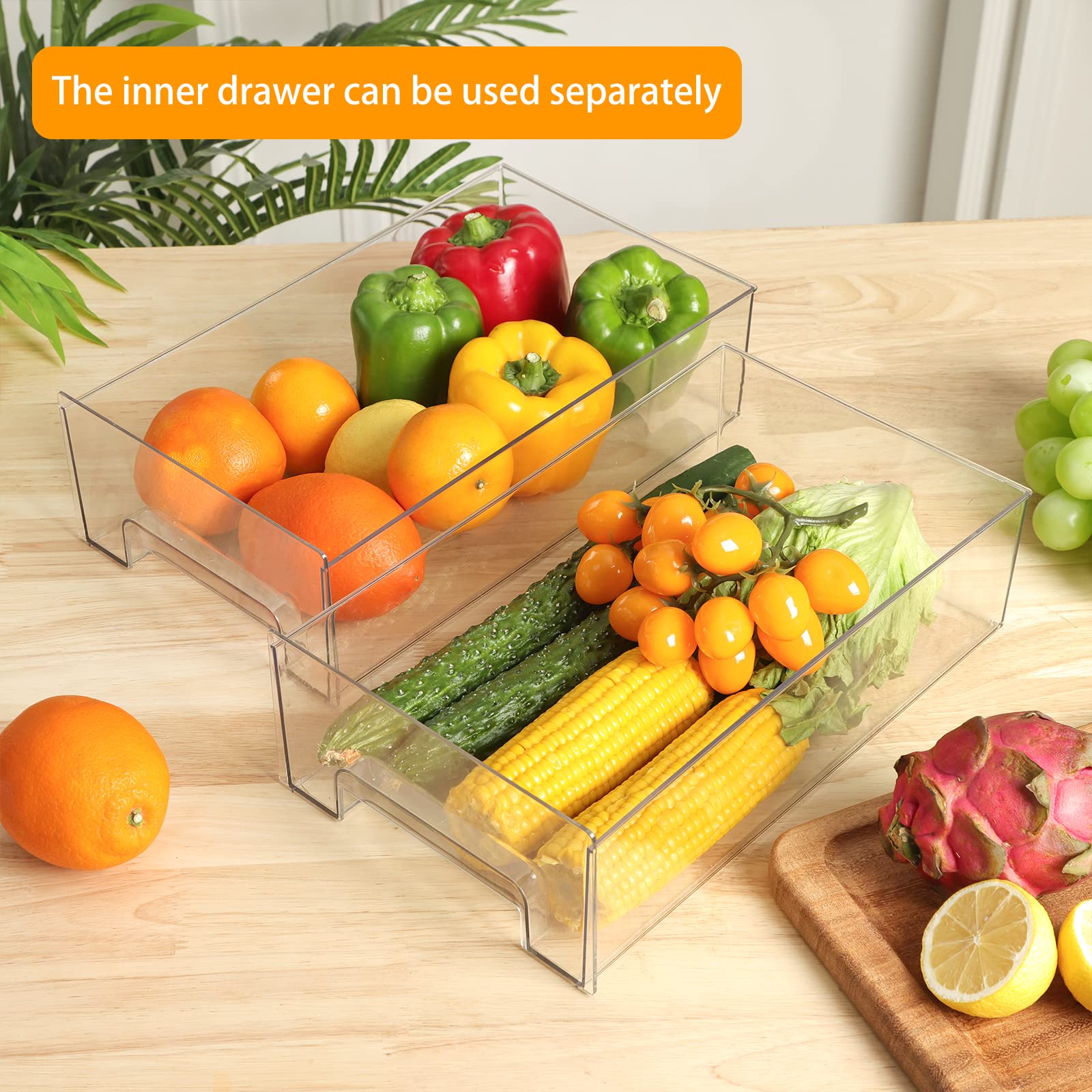 Moretoes 2 Pack Fridge Organizer Bins, Fridge Drawer Organizer Stackable Pull Out Storage Bins for Storage Clear for Food, Drinks, Vegetable Storage, Medium