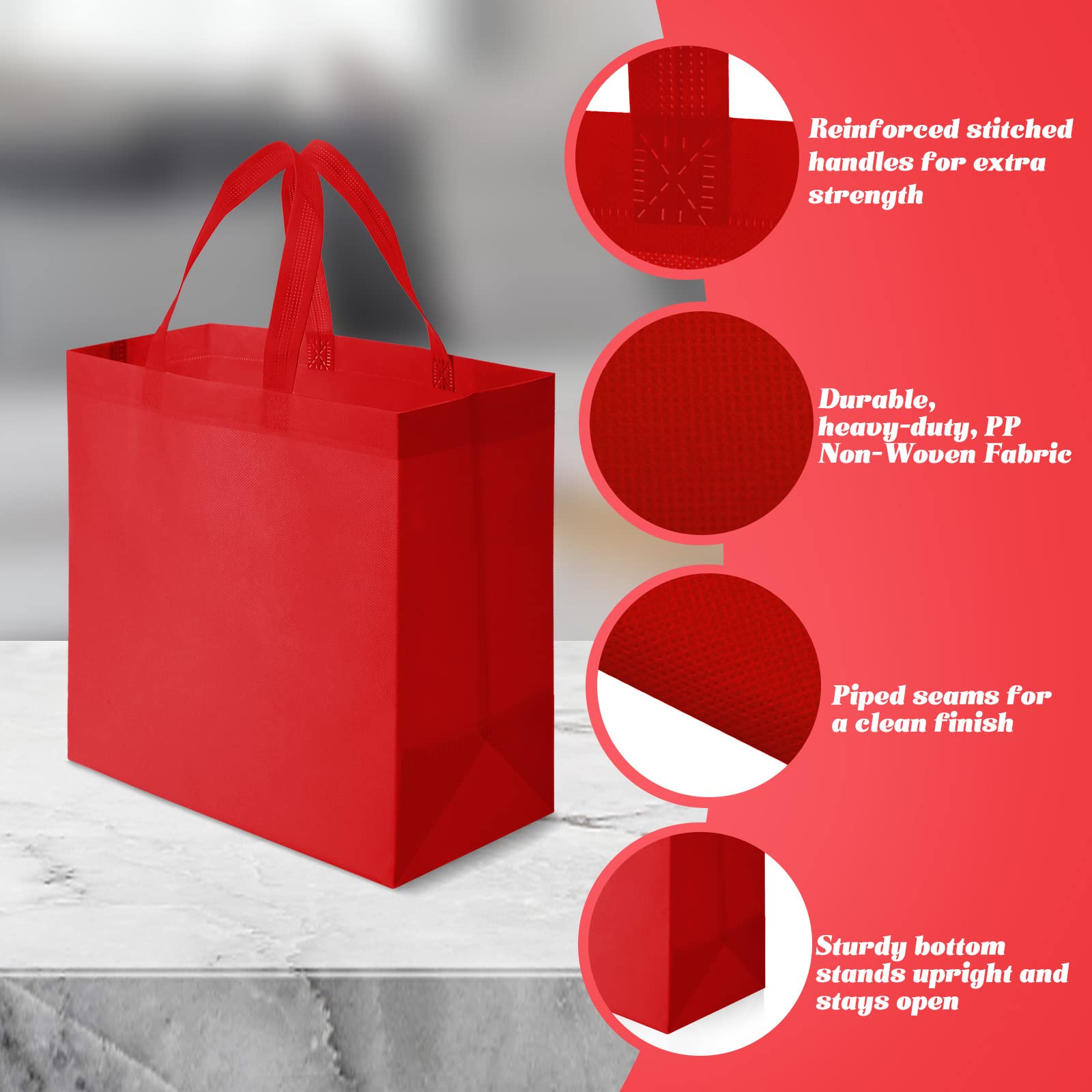 Reginary 50 Pieces Reusable Totes Bag Bulk Shopping Bags Non Woven Grocery handbag with Handles Foldable for Boutiques(Red)