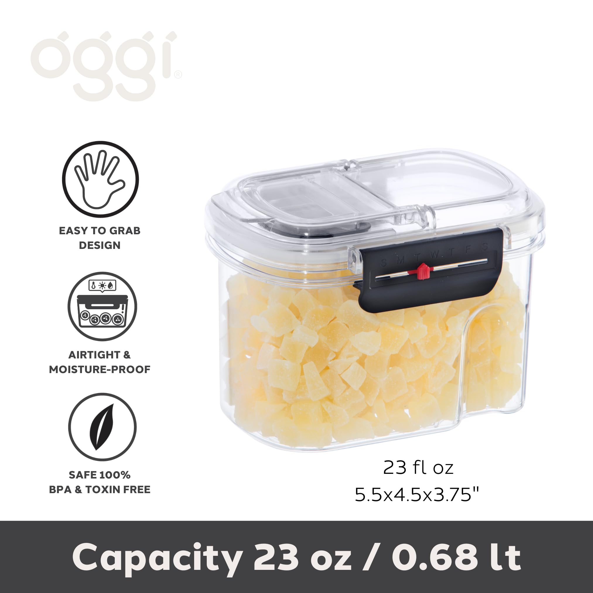 Oggi Easi Grip 23oz Moisture Proof Storage Container, Ultra Clear BPA-Free Sealable Canister, Flip Open Pouring Lid, Date Reminder Slider on Clip, Ideal Kitchen and Pantry Storage (23oz / 0.68lt)
