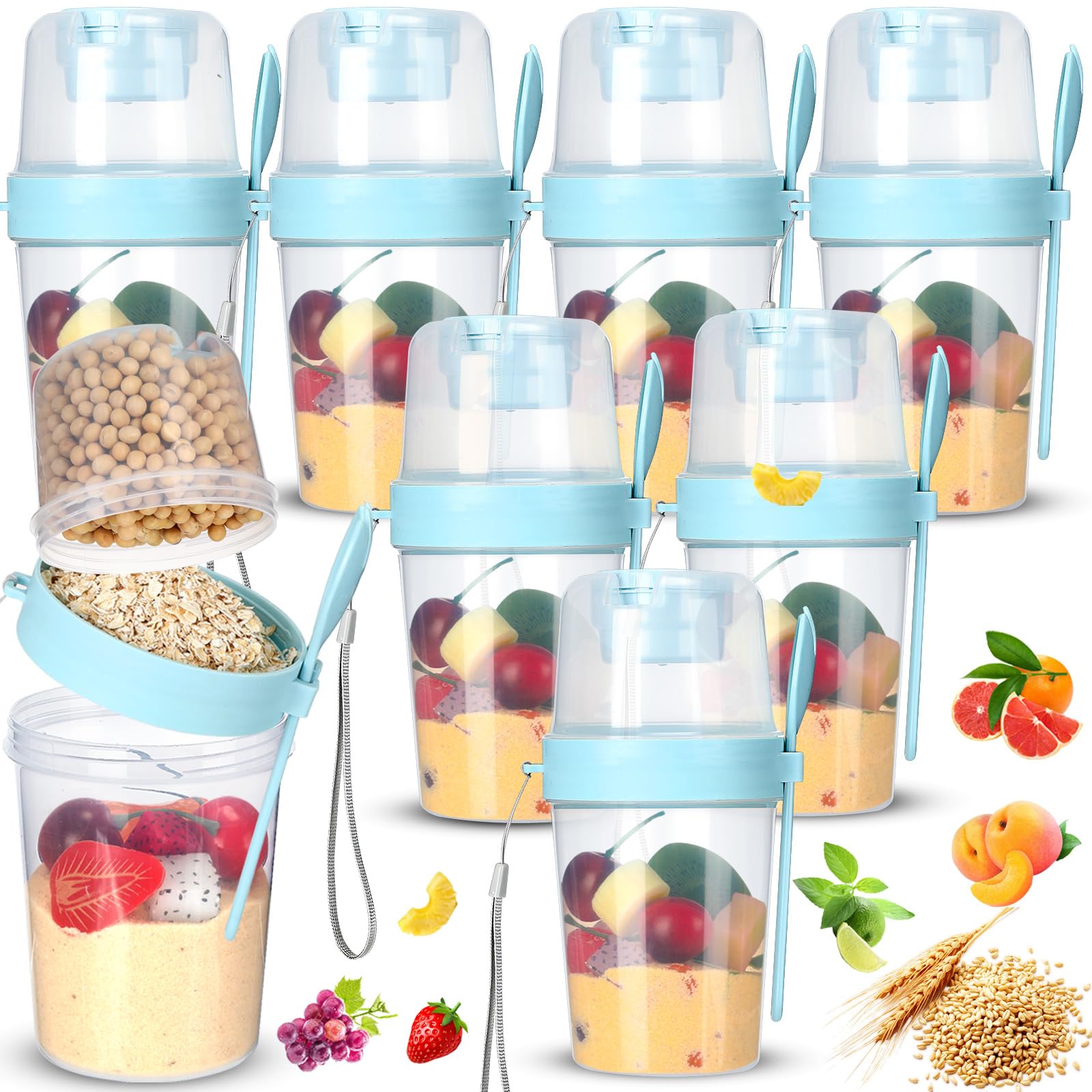 Mifoci 8 Pcs 26 oz Portable Cereal Cup Overnight Oats Container with Lid and Spoon for Yogurt Salad Fruit Oatmeal Cereal Overnight Oats Breakfast Vegetable Snack Cup, Blue