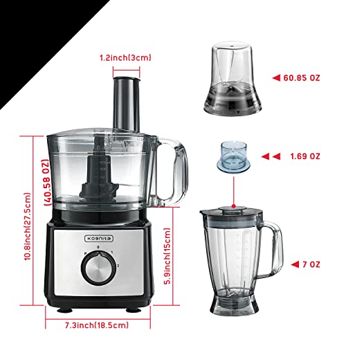 Kognita Blender and Food Processor Combo, 500W 8 in 1 Smart Kitchen Blender with 2 Speeds, 4 Stainless Steel Blades, Dough Blade and Emulsifying Disc for Chopping,Kneading,Shredding and Slicing - 6-Cup Bowl,Silver