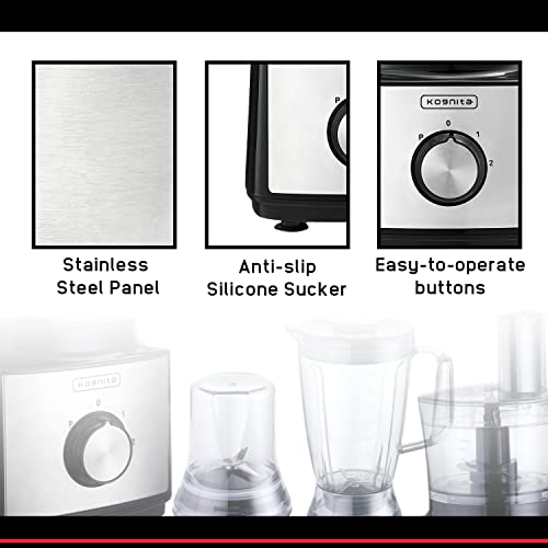 Kognita Blender and Food Processor Combo, 500W 8 in 1 Smart Kitchen Blender with 2 Speeds, 4 Stainless Steel Blades, Dough Blade and Emulsifying Disc for Chopping,Kneading,Shredding and Slicing - 6-Cup Bowl,Silver
