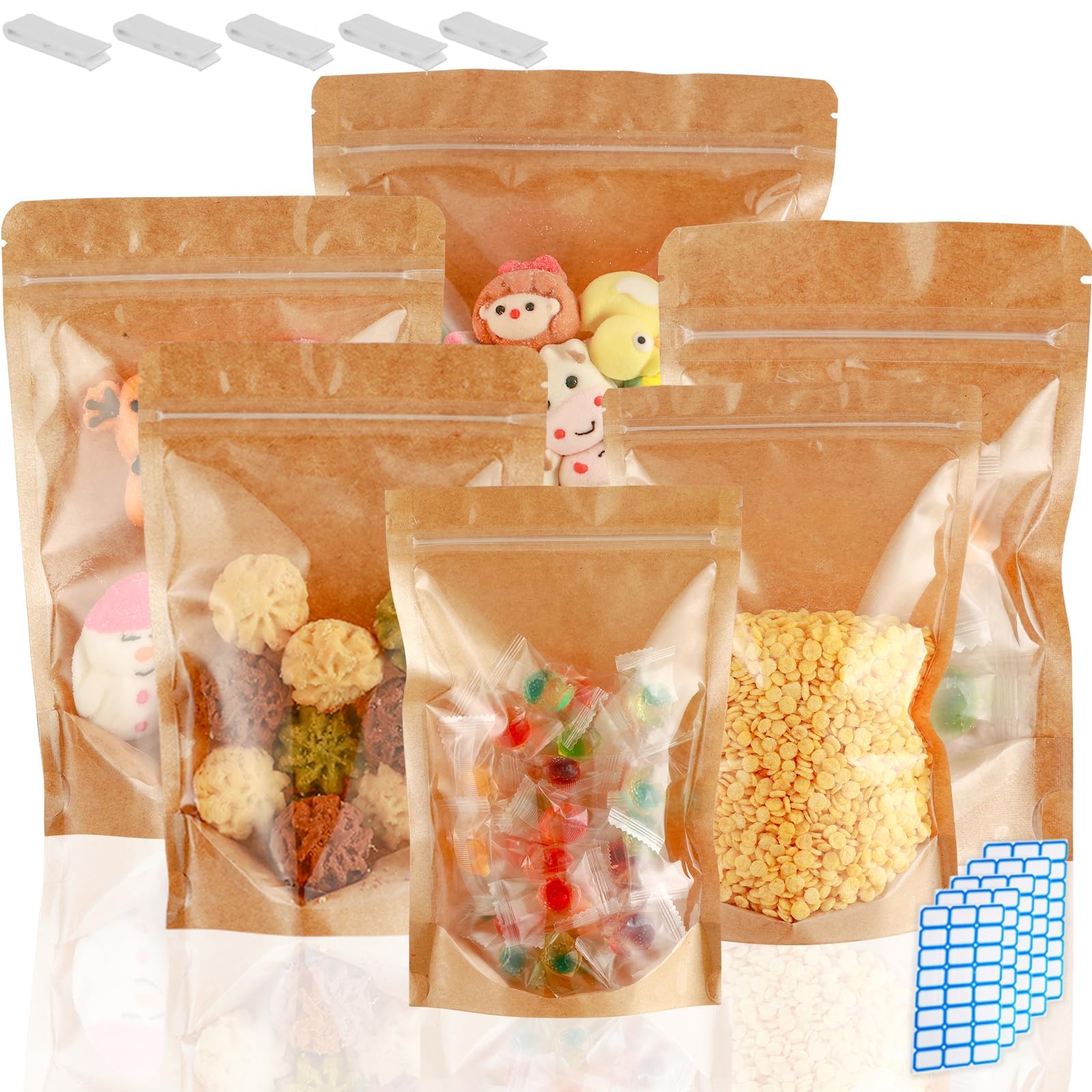 150-Pack Kraft Bags with Window 8 x 12" Reclosable Large Stand Up Mylar Bags for Food Storage Resealable Smell Proof Zip Lock Pouch, Edible Packaging, Reusable bags for Small Business