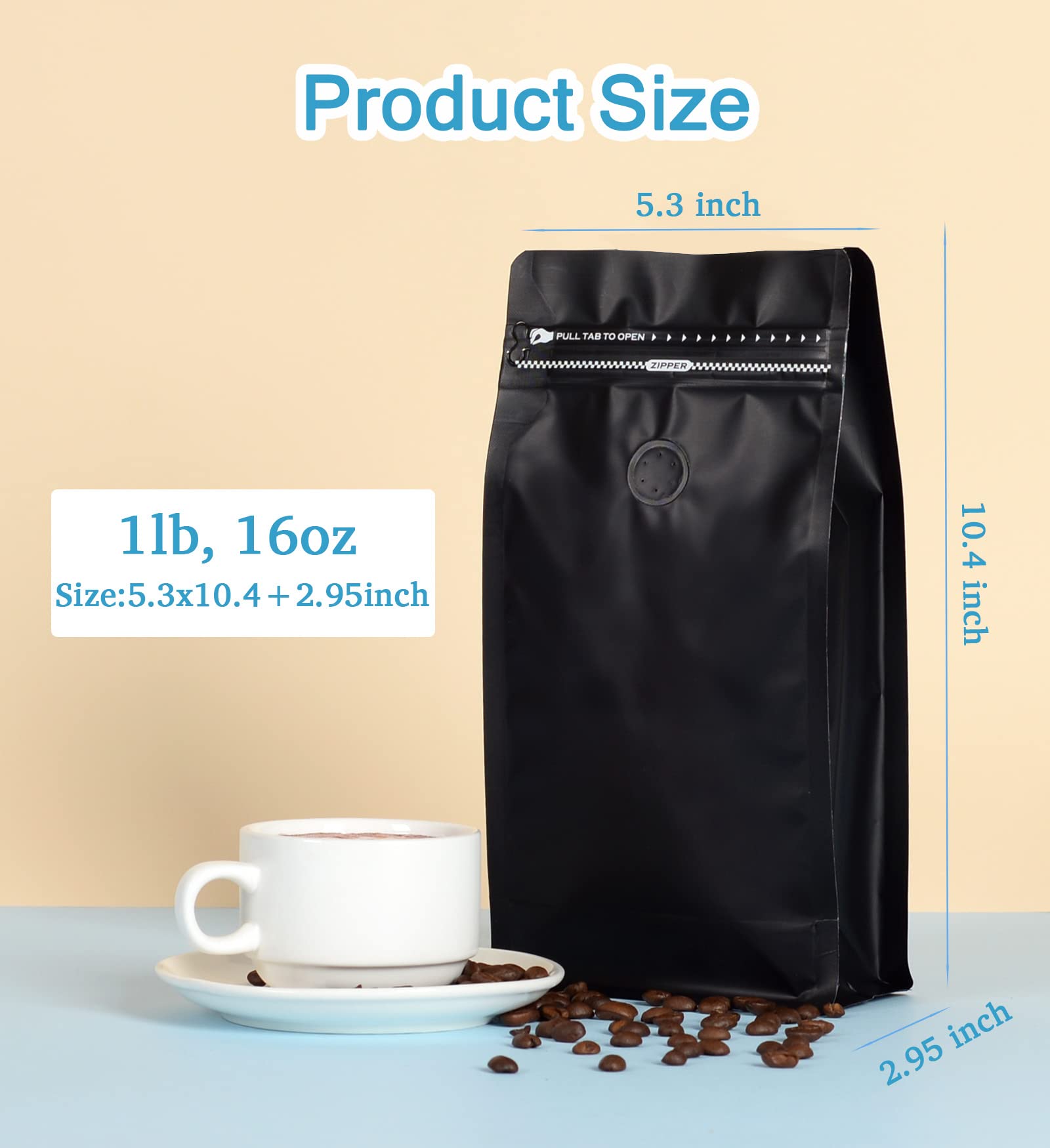 50 PCS Resealable Coffee Bags with Valve (1lb, 16oz) - Black Coffee Pouches Bags with One-way Degassing Valve for Coffee Bean Storage bag