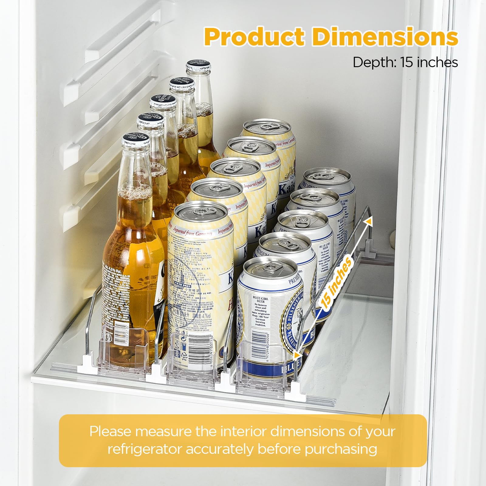 OTraki Fridge Drink Organizer Adjustable 3 Rows Soda Organizer for Refrigerator with Pusher Glide 15Inch Length & Width Fridge Spring Loaded Drink Can Dispenser Storage Hold up to 15pcs Cans, Clear