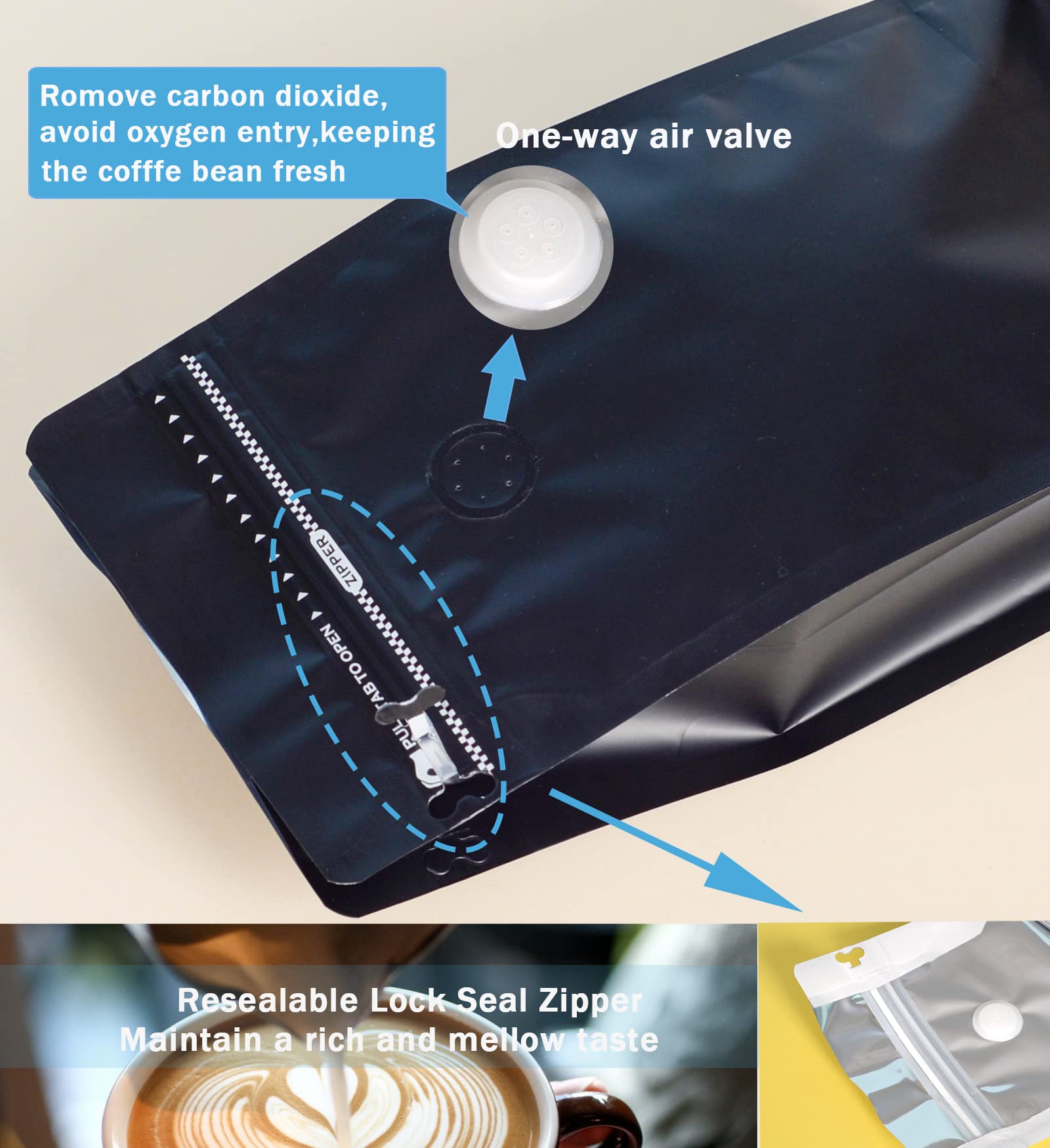 50 PCS Resealable Coffee Bags with Valve (1lb, 16oz) - Black Coffee Pouches Bags with One-way Degassing Valve for Coffee Bean Storage bag