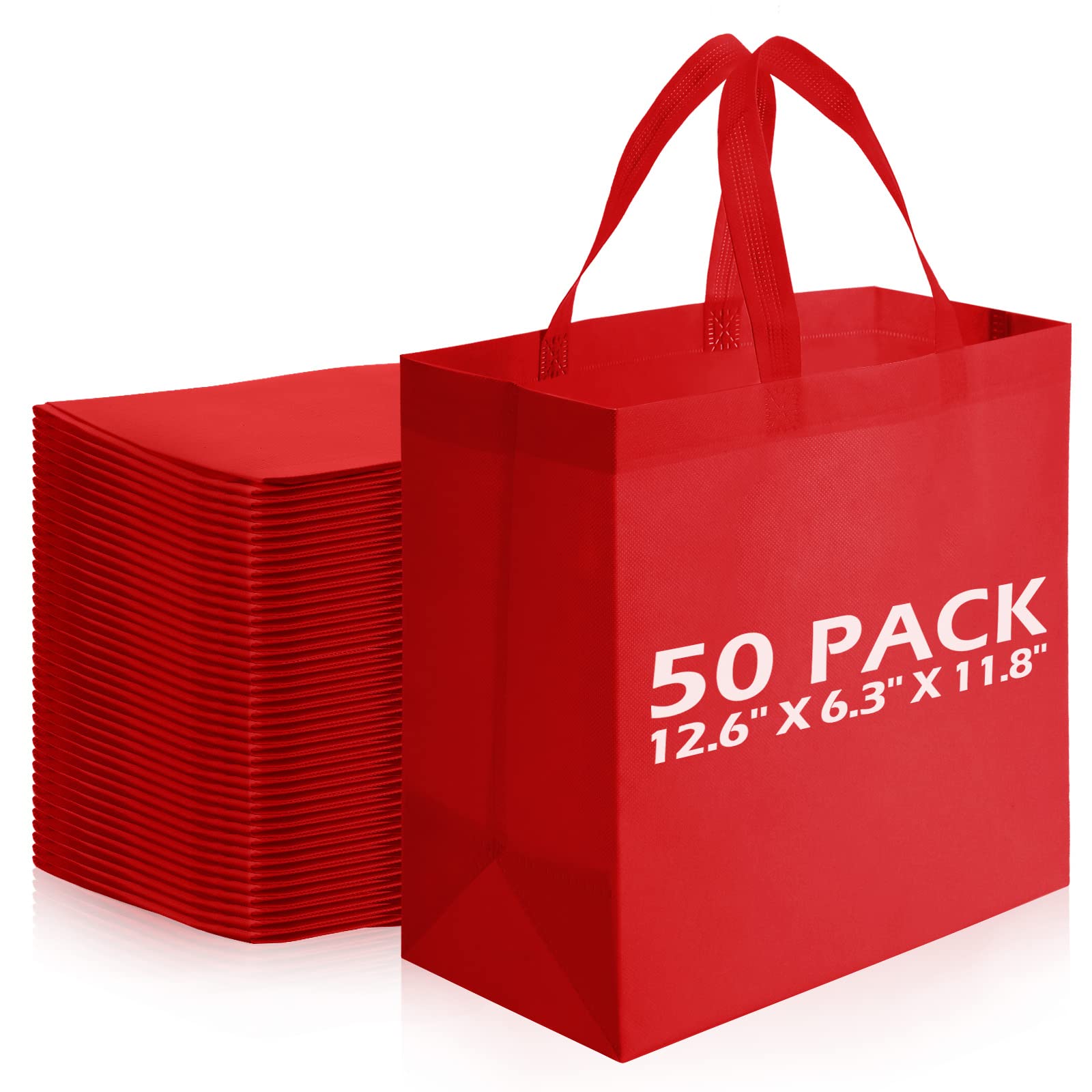 Reginary 50 Pieces Reusable Totes Bag Bulk Shopping Bags Non Woven Grocery handbag with Handles Foldable for Boutiques(Red)