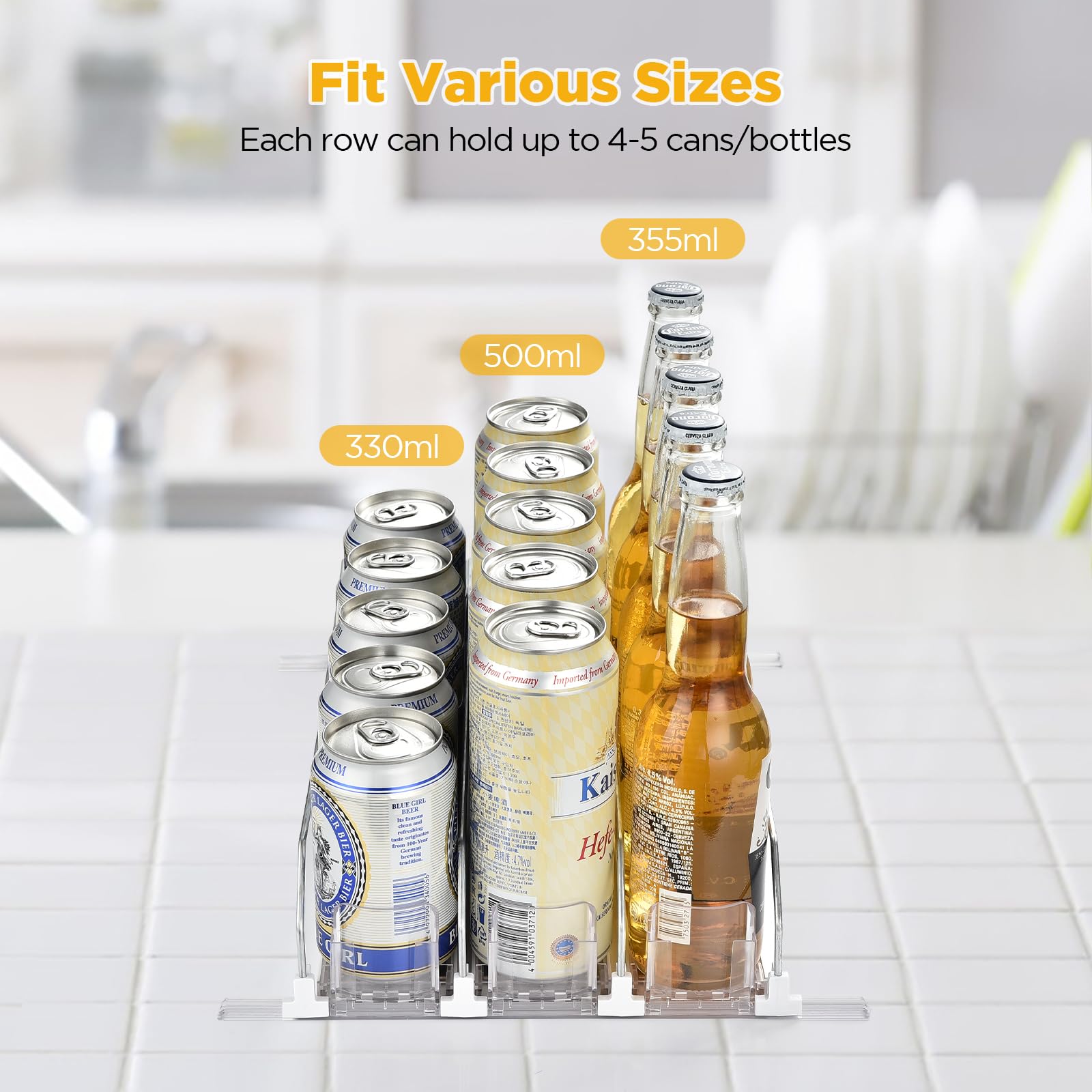 OTraki Fridge Drink Organizer Adjustable 3 Rows Soda Organizer for Refrigerator with Pusher Glide 15Inch Length & Width Fridge Spring Loaded Drink Can Dispenser Storage Hold up to 15pcs Cans, Clear