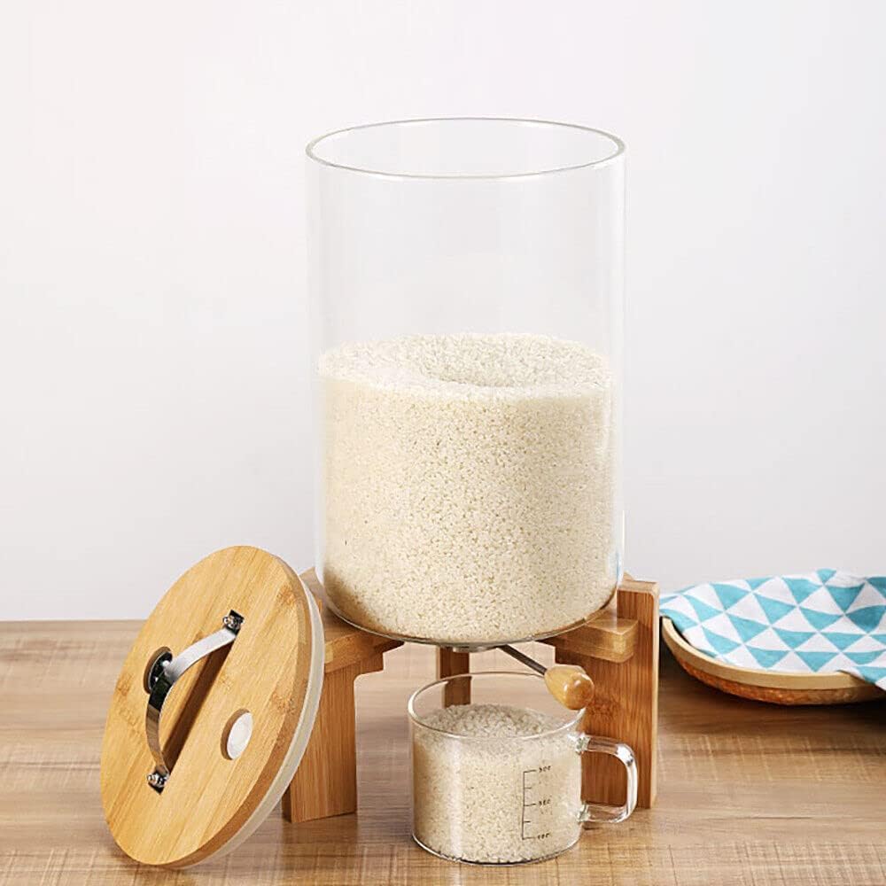 Xuthusman Capacity Airtight Glass Dry Food Storage Container Cereal Rice Dispenser w/Round Bamboo Lids & Cup & Stand (7.5L)
