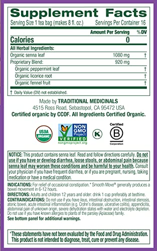 Traditional Medicinals Organic Smooth Move Senna Peppermint Herbal Tea, Relieves Occasional Constipation, (Pack of 4) - 64 Tea Bags