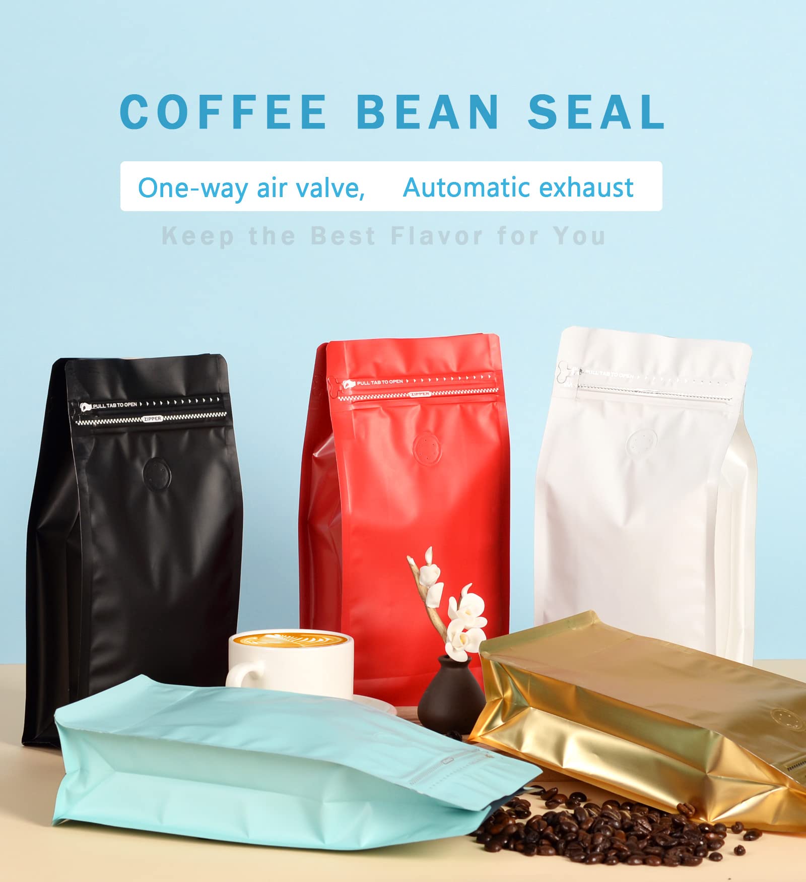 50 PCS Resealable Coffee Bags with Valve (1lb, 16oz) - Black Coffee Pouches Bags with One-way Degassing Valve for Coffee Bean Storage bag